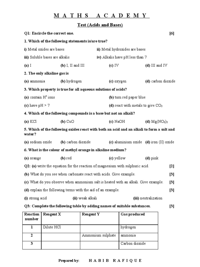 Acids and Bases Test Questions | PDF | Teaching Methods & Materials