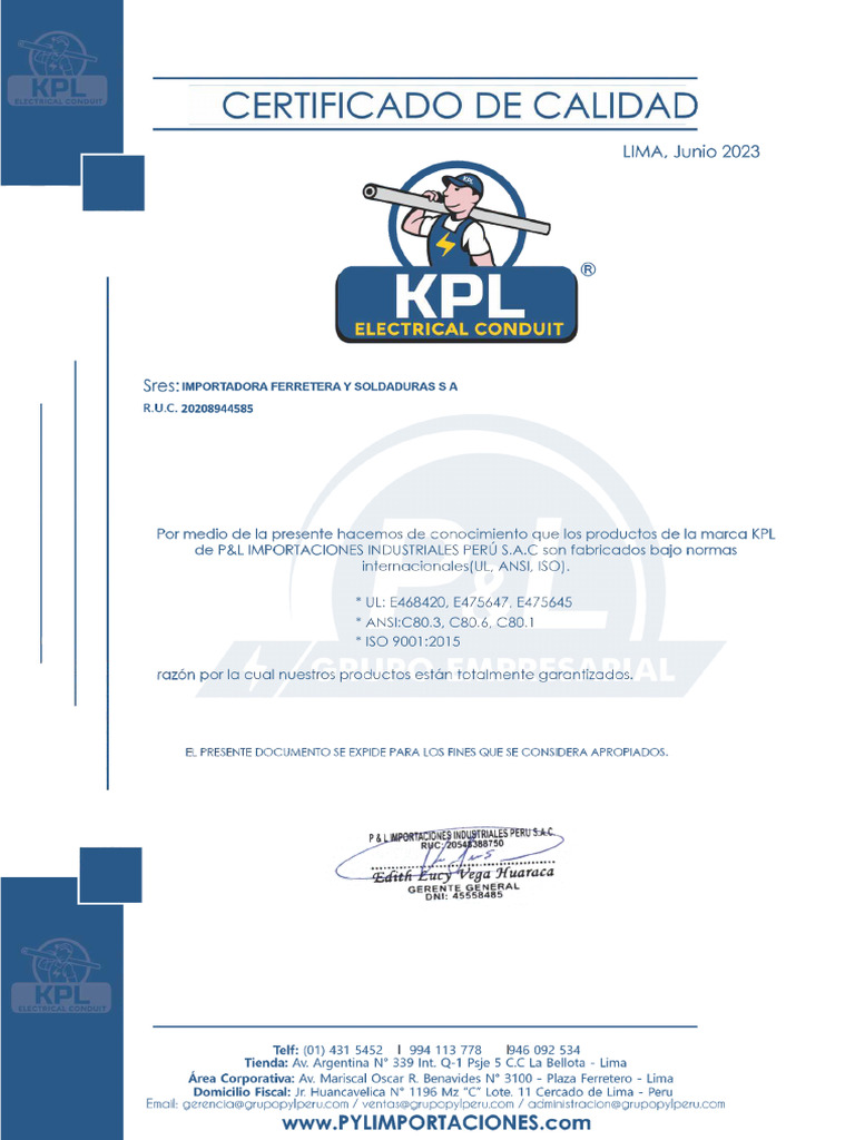 Certificado Calidad KPL CONDUIT | PDF