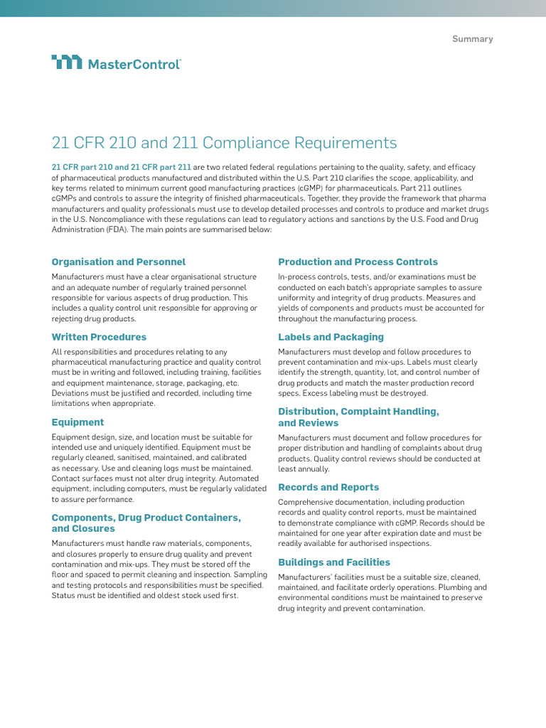 21-cfr-210-and-211-compliance-requirements | PDF | Audit | Regulatory ...