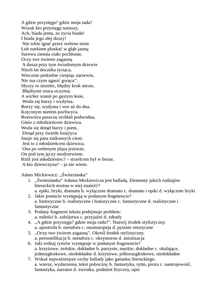 Analiza Ballady Świtezianka | PDF