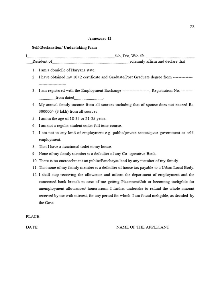 Haryana Unemployment Declaration Form | PDF