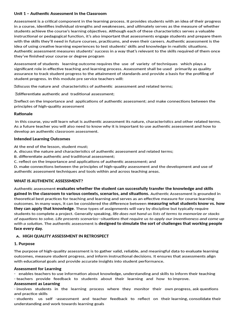 Unit 1 Authentic Assessment in The Classroom Lesson 1 | PDF | Educational Assessment | Learning