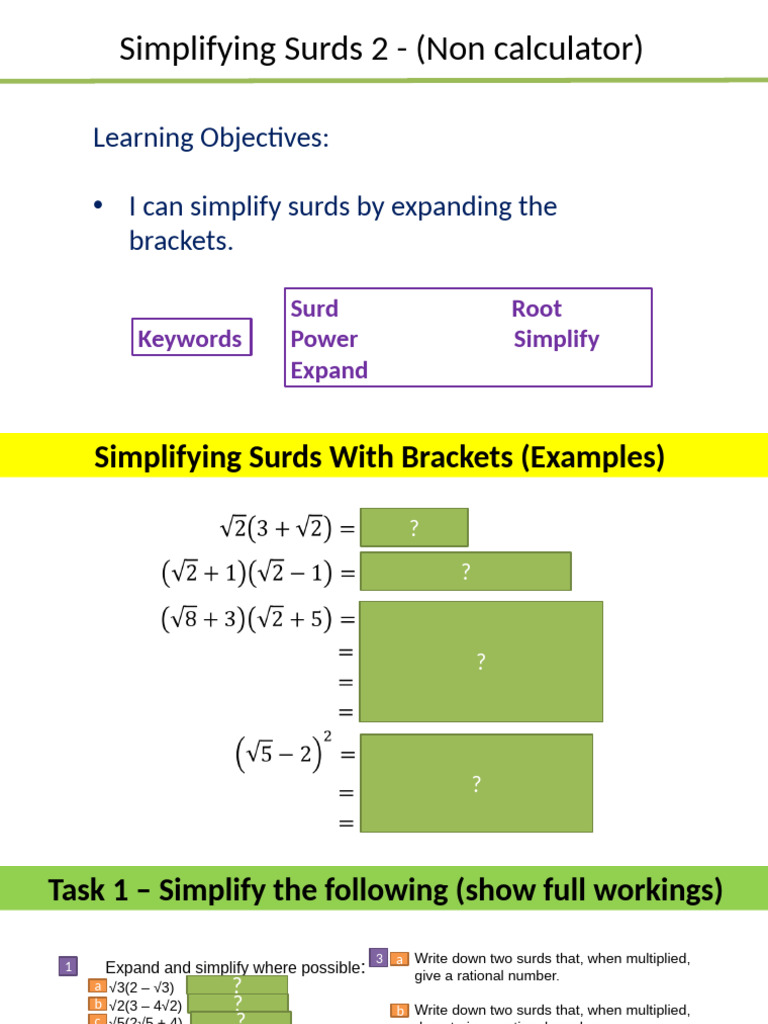 H1 - Simplifying Surds 2 (Brackets) (1) | PDF | Mathematical Concepts | Elementary Mathematics