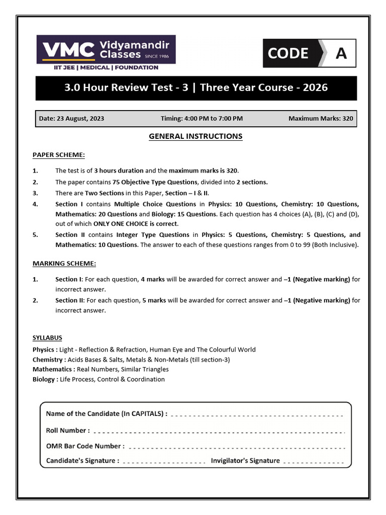 2026 - 3.0 Hour Review Test-3 - Class-X - Paper | PDF | Nitric Acid ...