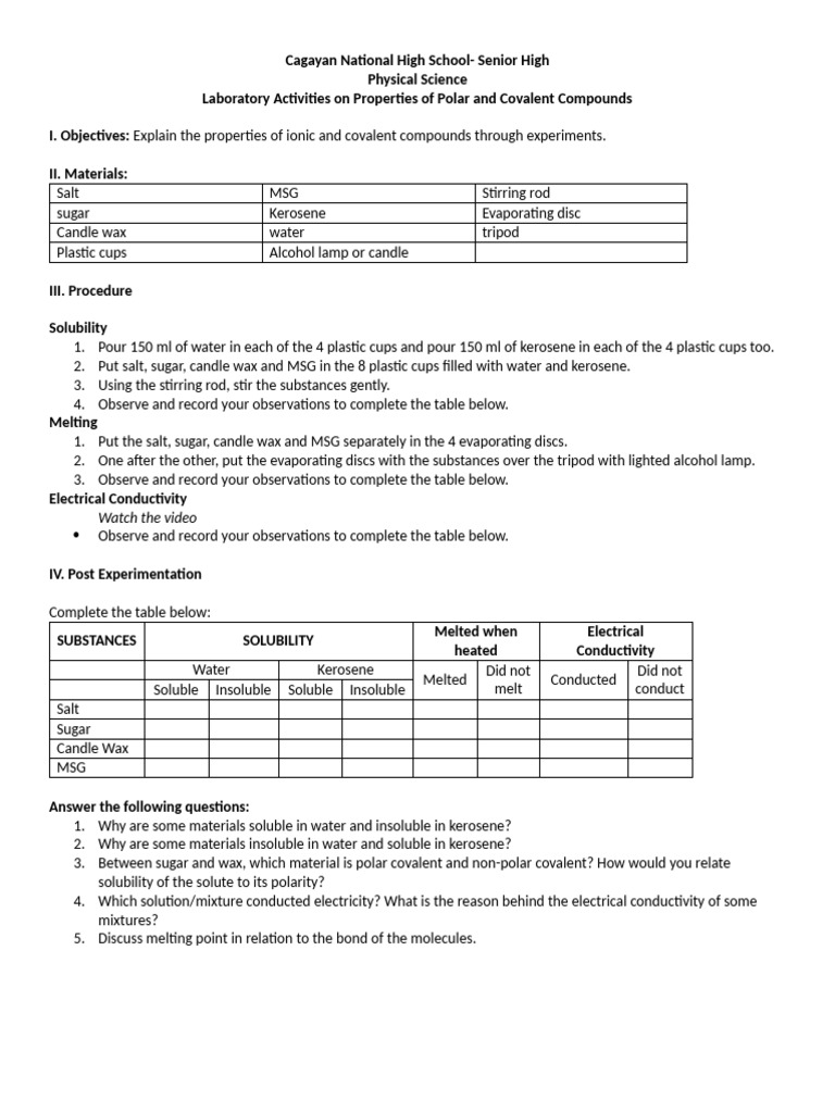 Polar and Covalent Compounds Lab Activities | PDF | Solubility | Salt ...