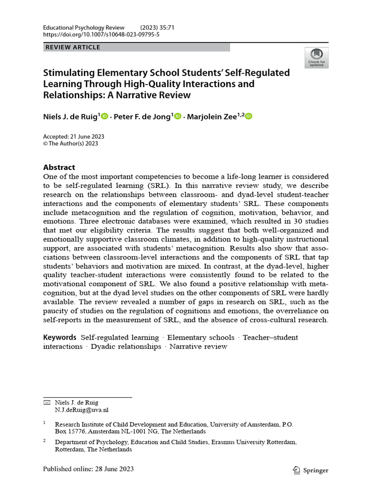 Stimulating Elementary School Students' Self-Regulated Learning Through High-Quality ...