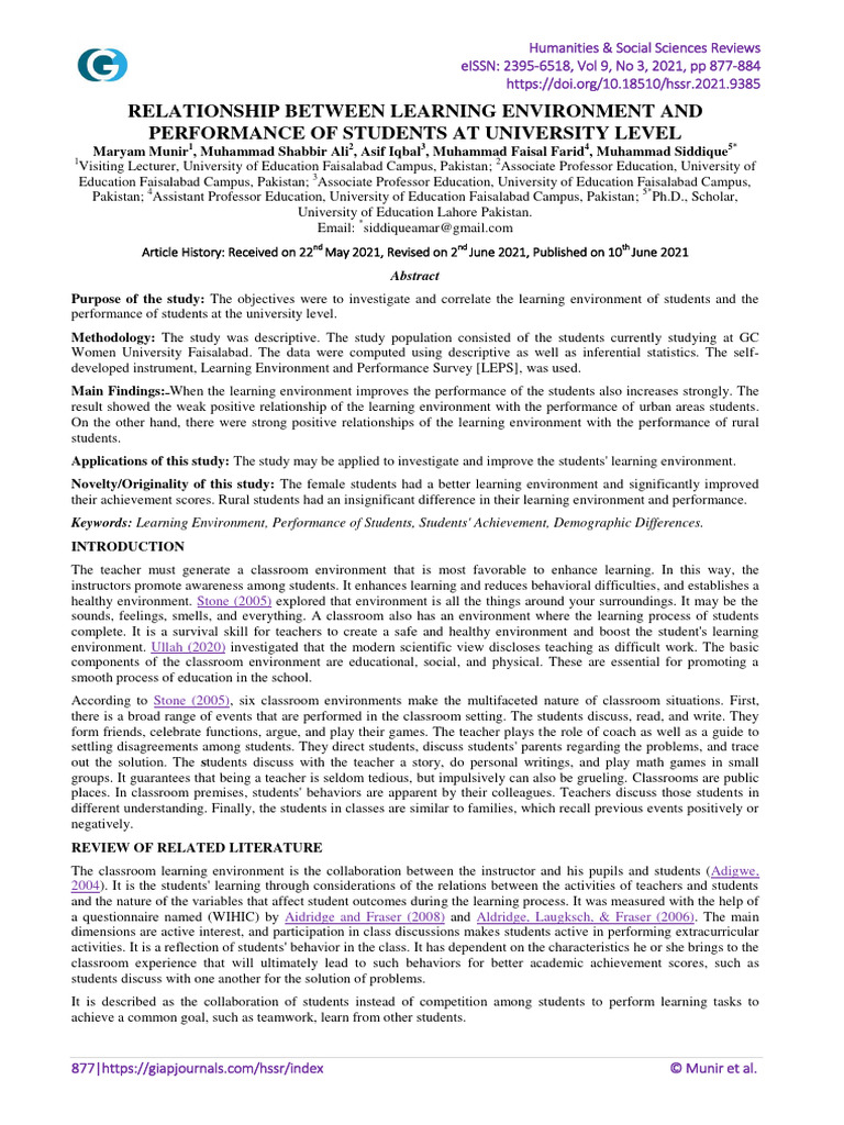 Relationship Between Learning Environmen | PDF | Self Esteem | Learning