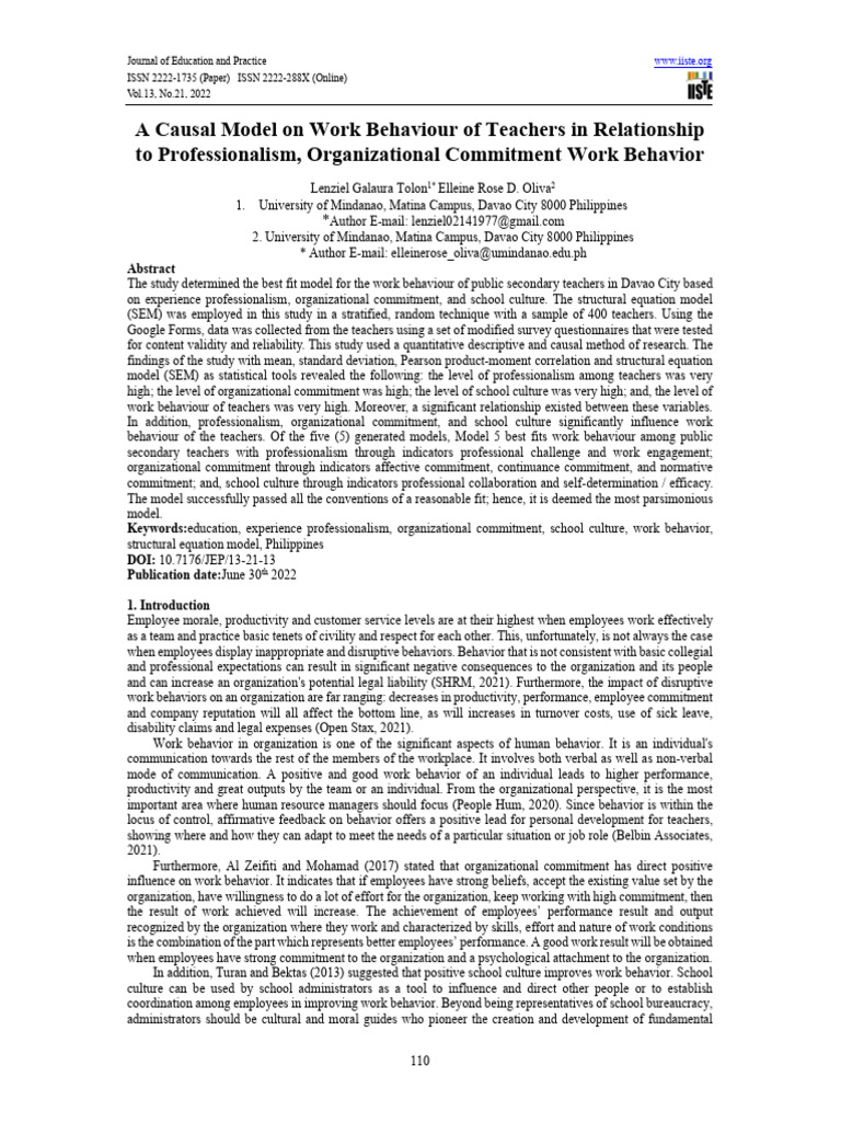 A Causal Model On Work Behaviour of Teachers in Relationship | PDF ...