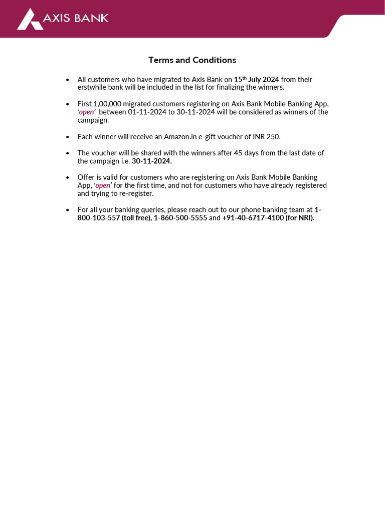Terms and Conditions For Open by Axis Bank On Boarding Campaign Nov 24 ...