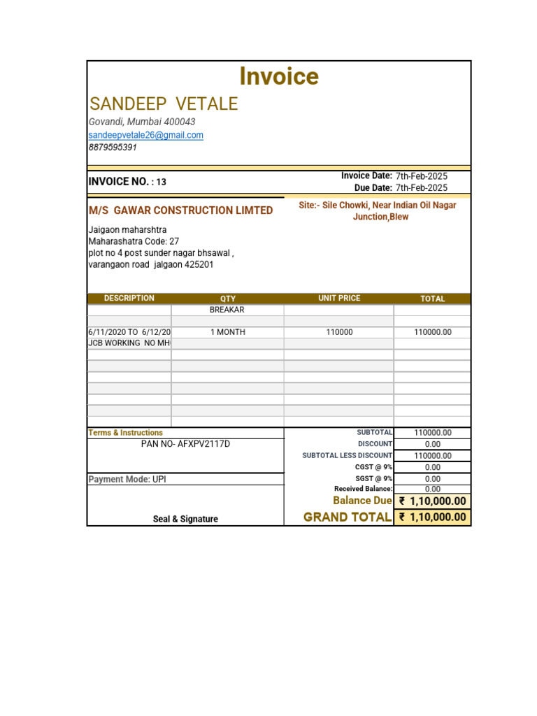 JCB Invoice Format for Construction | PDF