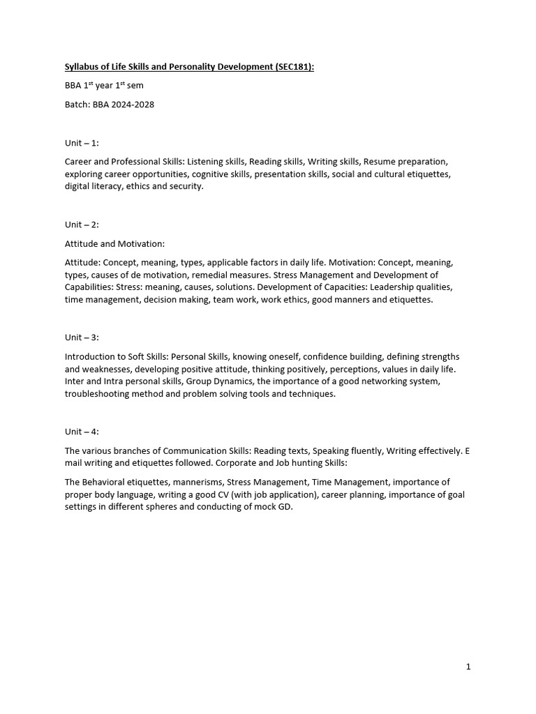 Syllabus of Life Skills and Personality Development | PDF