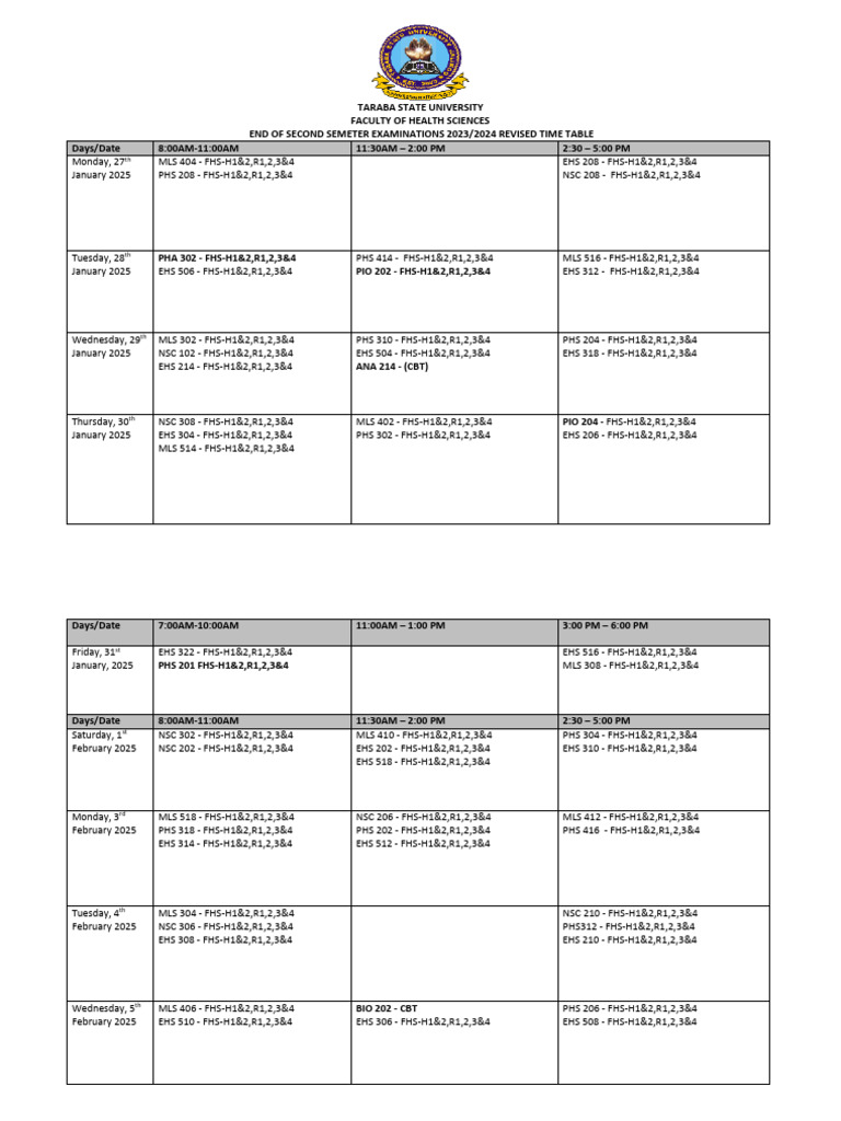 Revised Time Table For 2023-2024 Second Semester Examinations | PDF