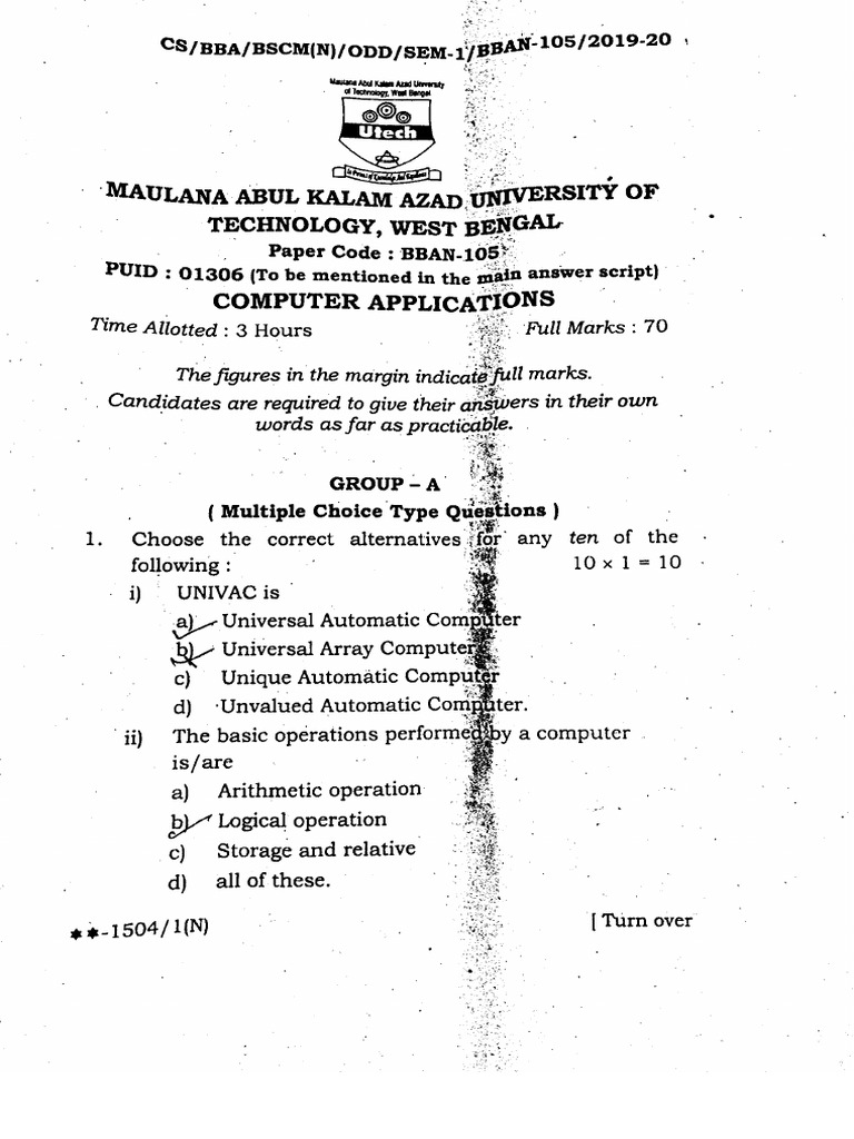 Bba 1 Sem Computer Applications Bban 105 2020 | PDF