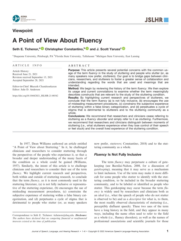 2021 JSLHR A Point of View About Fluency | PDF | Stuttering | Fluency