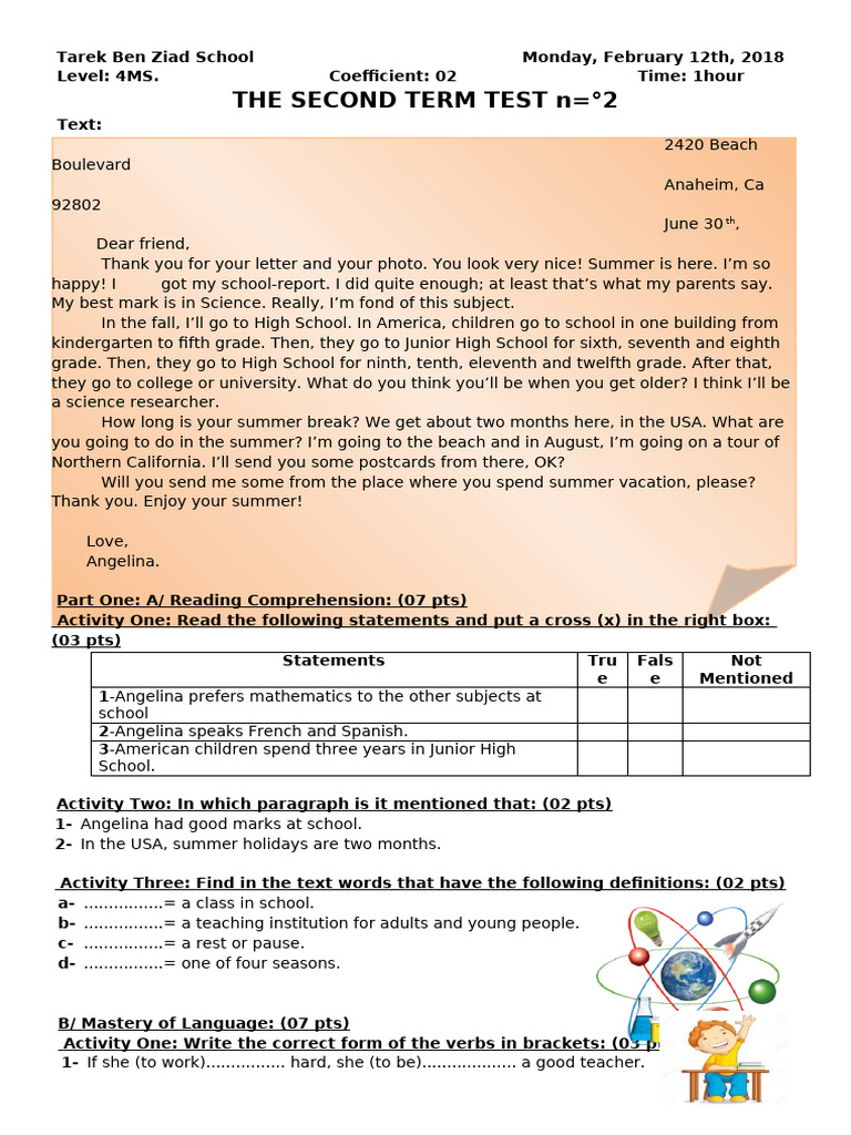 4MS - Second Term Test 2 - by Teacher Nesma Ayadi 2018 | PDF ...