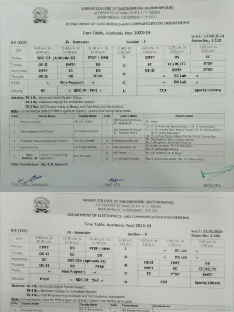 4th Sem Time Tables Vasavi College | PDF