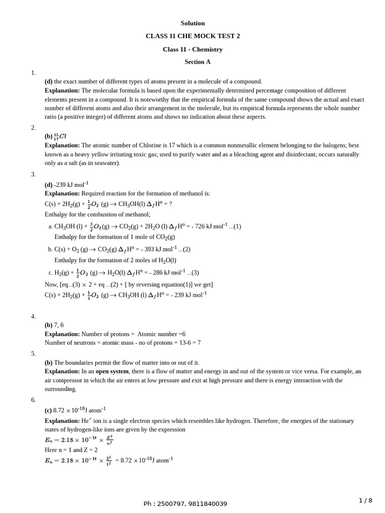 solution-CLASS 11 CHEMISTRY MOCK TEST 2 | PDF | Chemical Polarity ...
