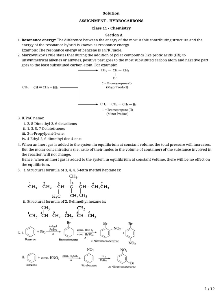 Solution - ASSIGNMENT - HYDROCARBONS | PDF | Alkene | Alkane