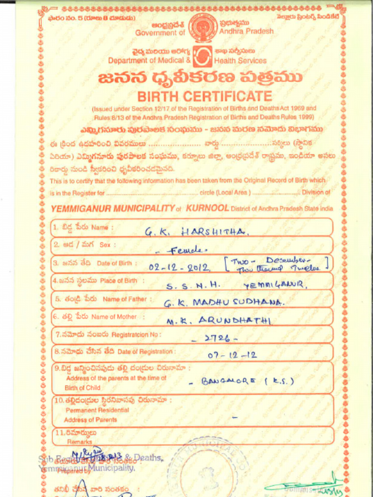 Harshitha Birth Certificate | PDF