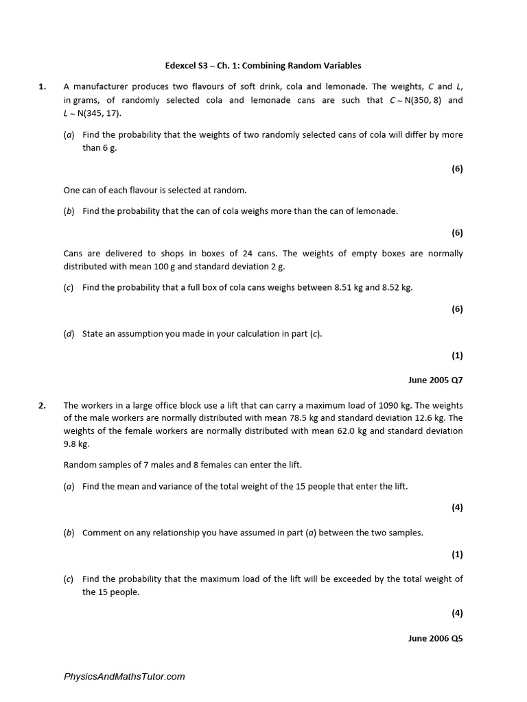 1 - Combining Random Variables Qs | PDF | Standard Deviation | Normal ...