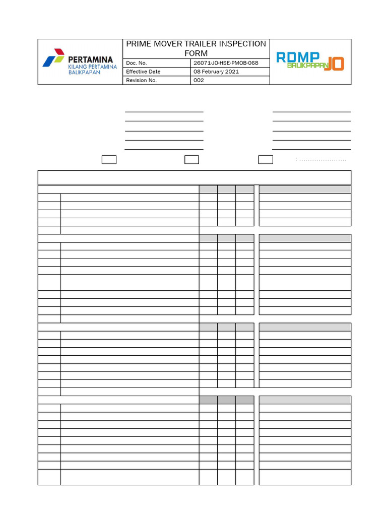Prime Mover Trailer Inspection Sheet | PDF | Trailer (Vehicle) | Truck