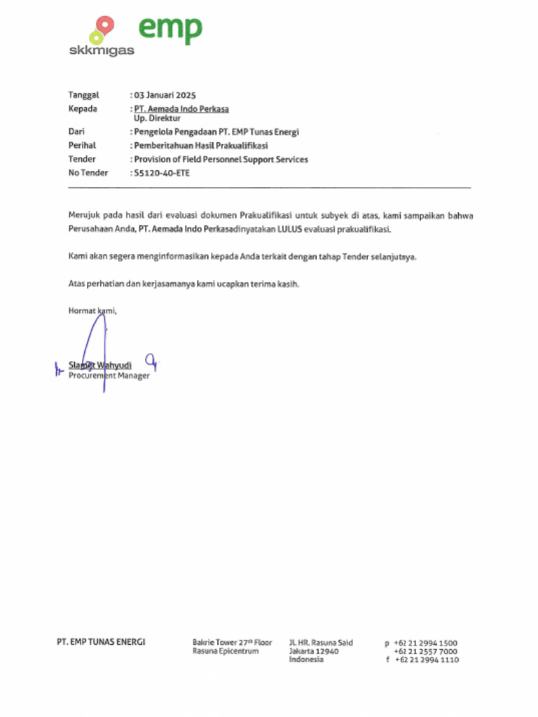 Pemberitahuan Hasil Prakualifikasi - 40 Field Support Personnel, EMP Tunas Energi (Aemanda IP) | PDF