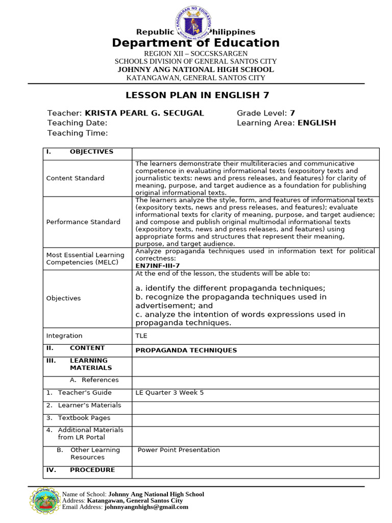 Lesson Plan 3 Propaganda Technique Week 5..... | PDF | Propaganda ...