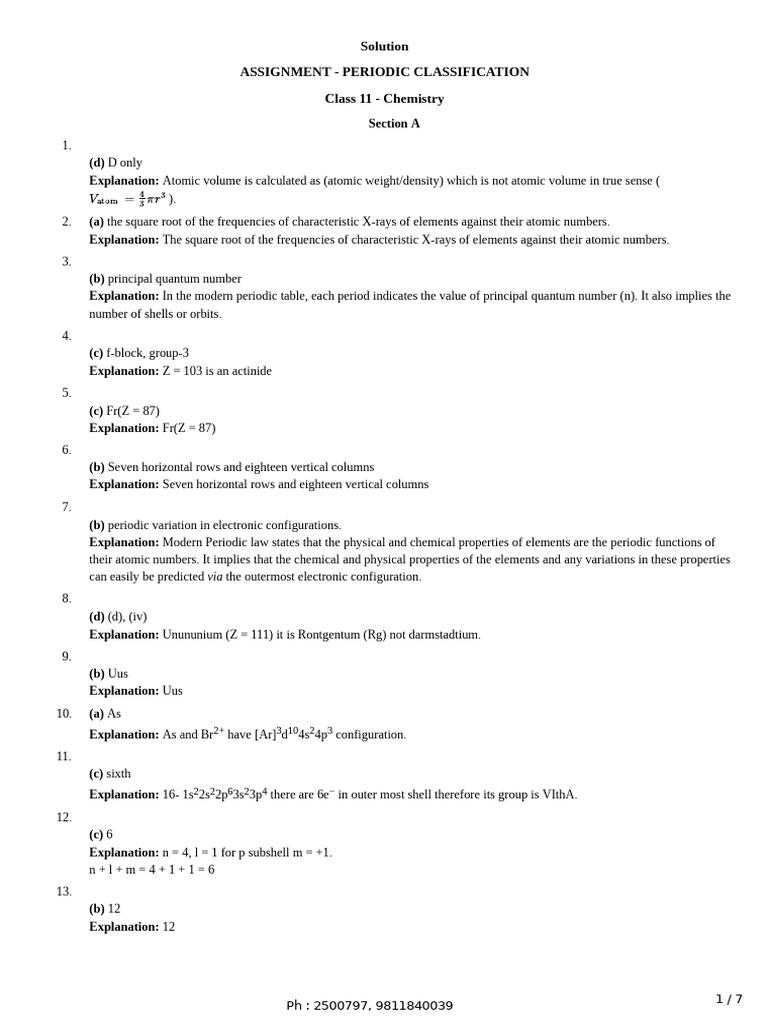 Solution - ASSIGNMENT - PERIODIC CLASSIFICATION | PDF | Transition Metals | Electron Configuration
