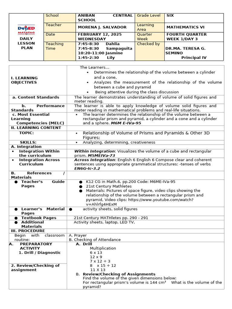 MATH 6-4Q-W1-D2_fEBRUARY 12, 2025-VOLUME OF CYLINDER AND CONE | PDF | Volume | Learning