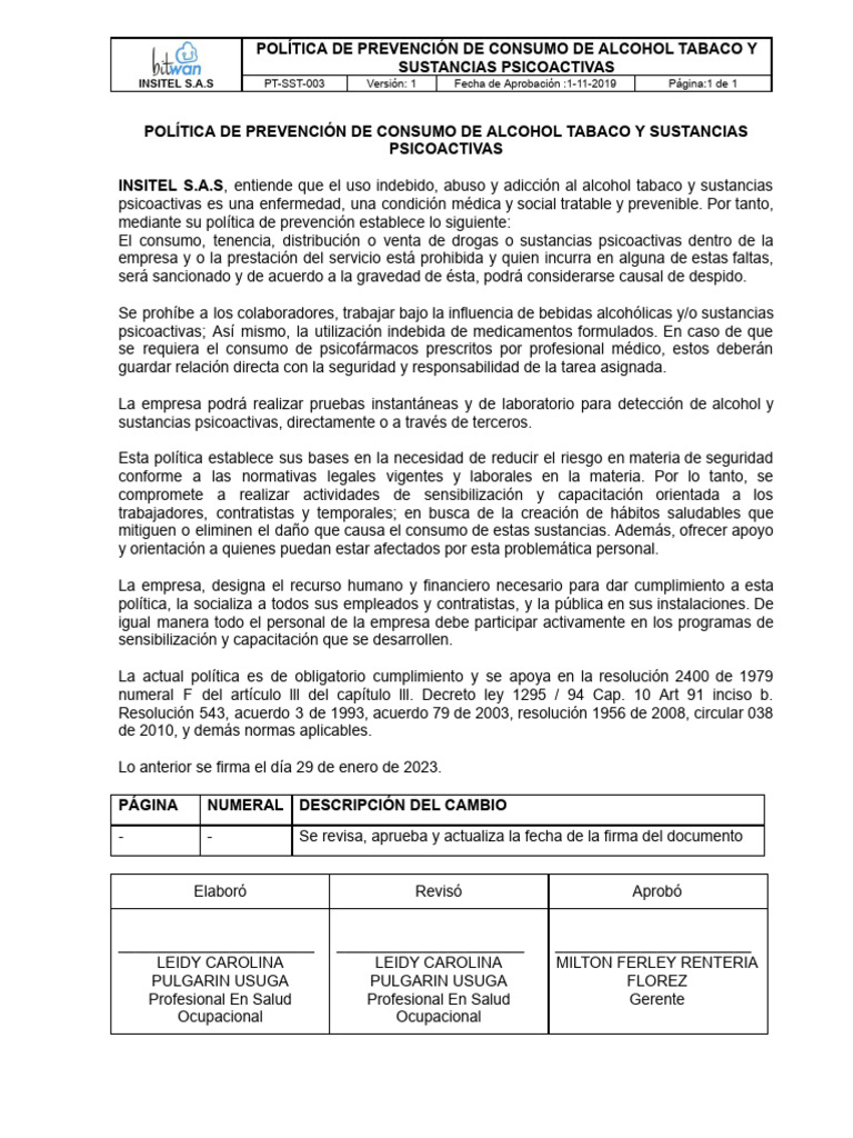 PT-SST-003-V1-Politica de Prevención de Consumo de Alcohol, Tabaco Y Sustancias Psicoactivas 29 ...
