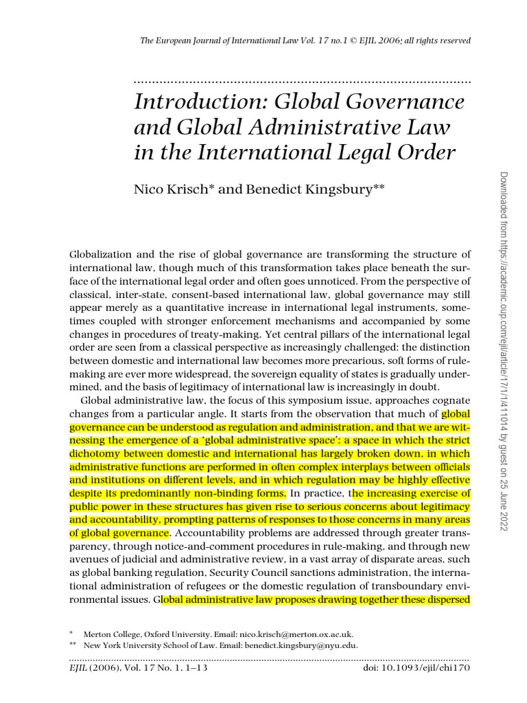 Introduction To Global Adm Law | PDF | International Law | Governance