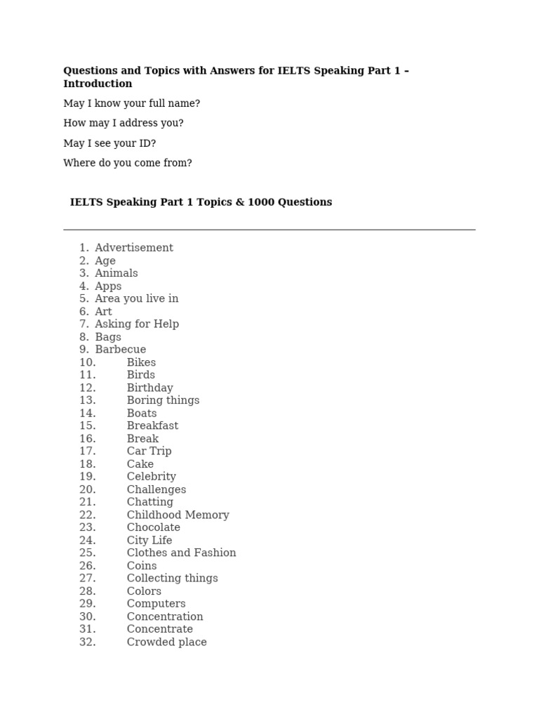 IELTS Speaking Part 1 Topics & Questions | PDF | Learning | Sports