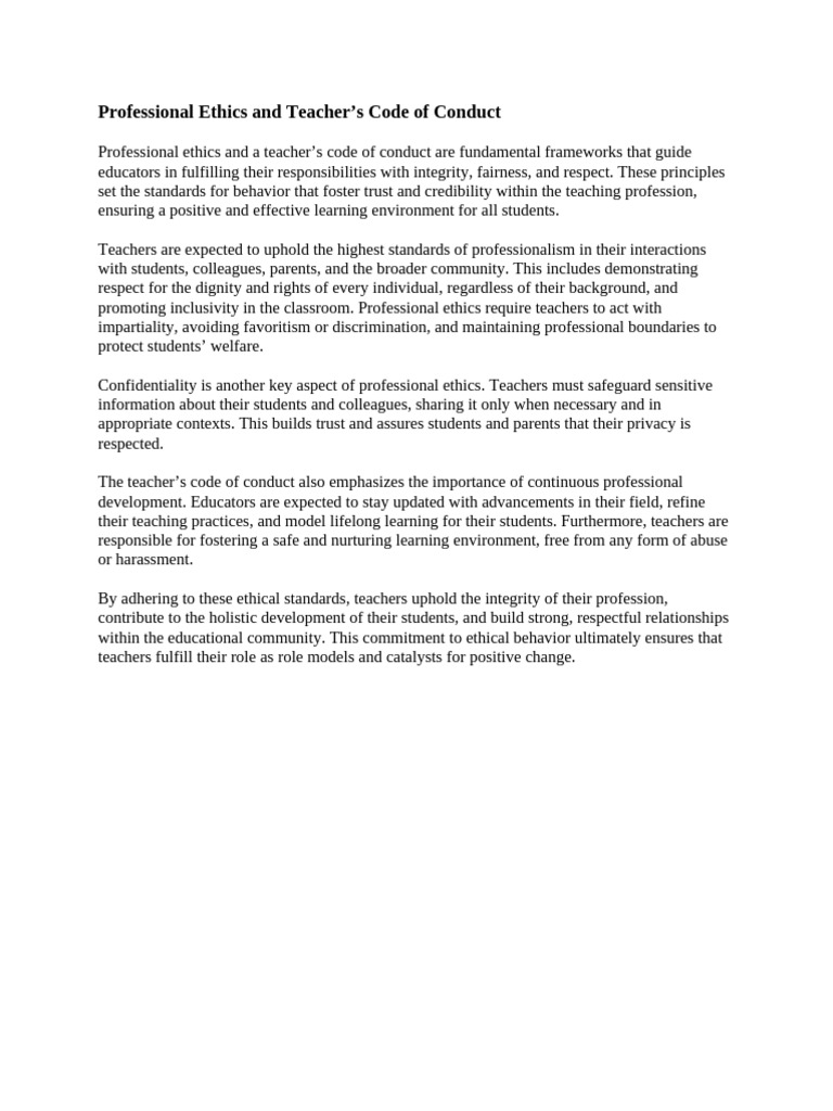 Professional Ethics and Teacher's Code of Conduct | PDF