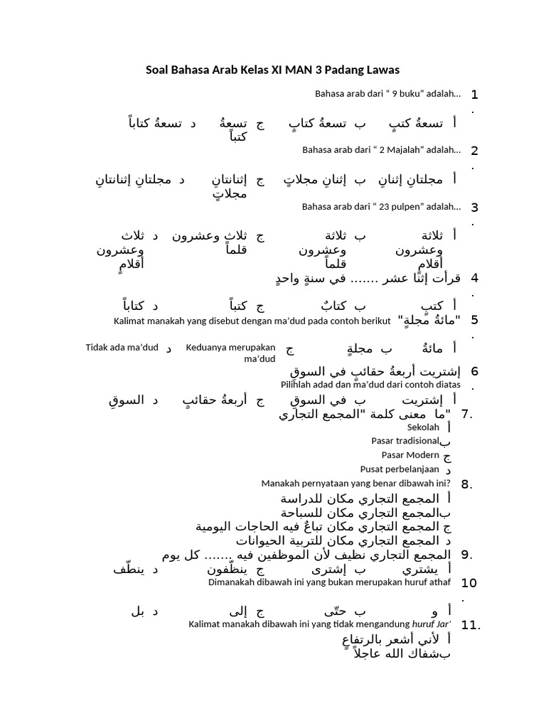 Soal Bahasa Arab Kelas XI MAN 3 Padang Lawas | PDF
