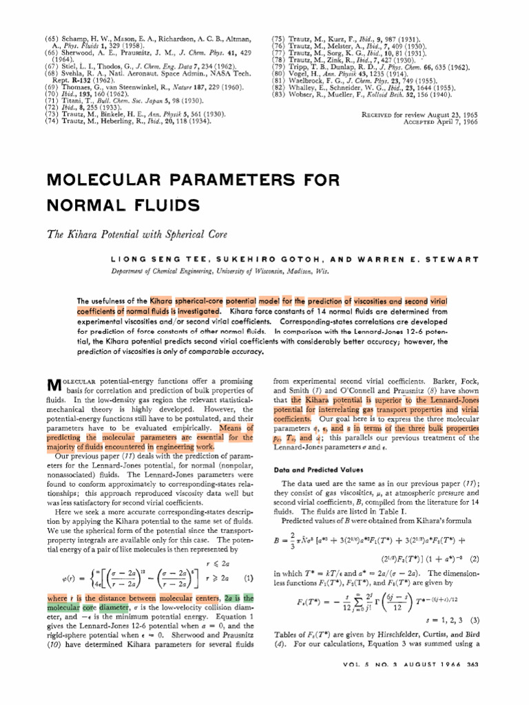 Tee Et Al 2002 Molecular Parameters For Normal Fluids Kihara Potential With Spherical Core | PDF ...