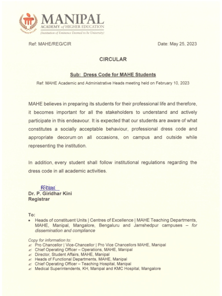 Circular 25-05-2023 (Dress Code For MAHE Students) | PDF