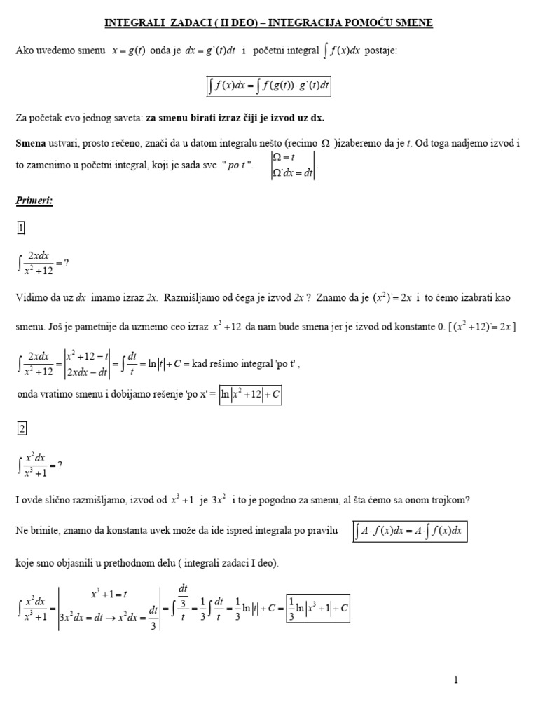 3.Integrali Zadaci - II Deo ( Metoda Smene) | PDF