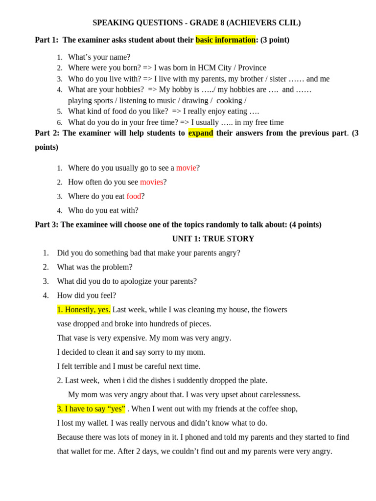 SPEAKING QUESTIONS TATC G8 ACHIEVERS | PDF