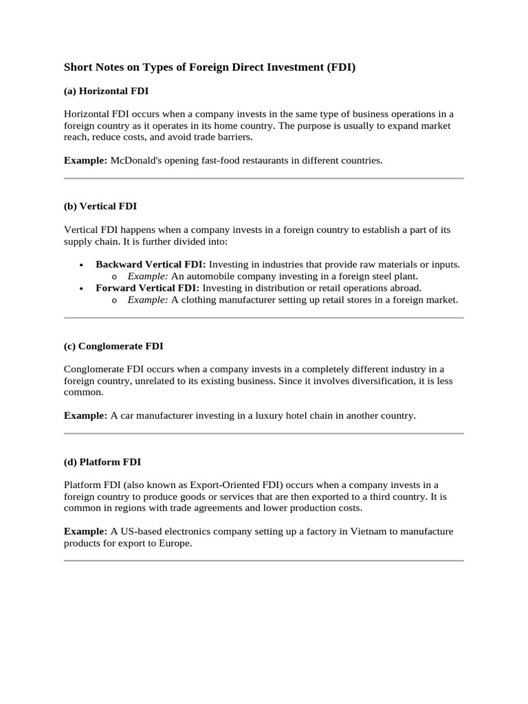 Short Notes On Types of Foreign Direct Investment | PDF