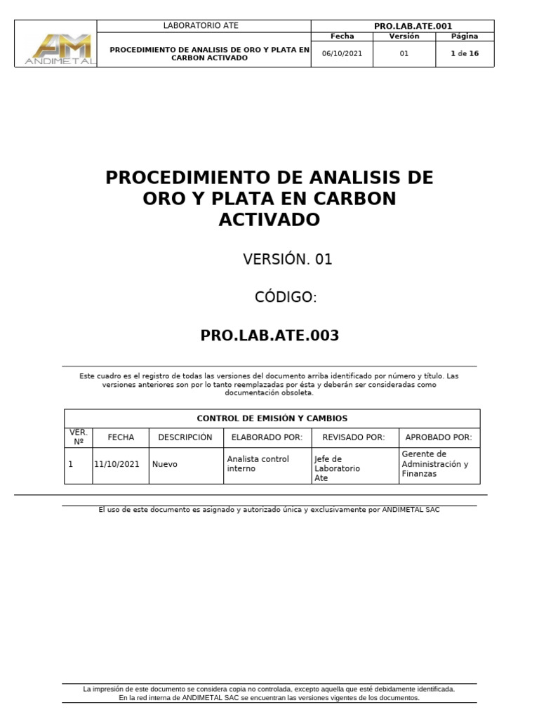 Pro - Lab.ate.003 - Procedimiento de Analisis de Oro y Plata en Carbon ...