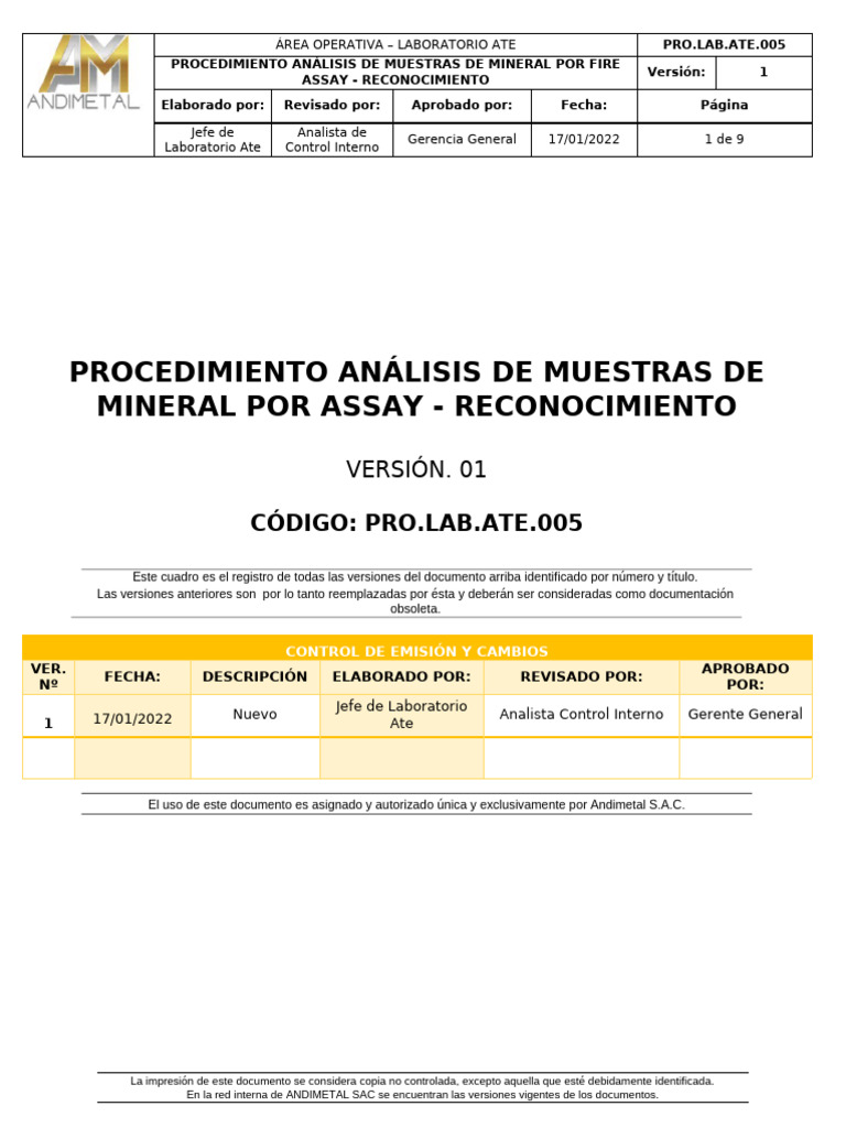Pro - Lab.ate.005 - Procedimiento Análisis de Mineral Por Fire Assay - Reconocimiento | PDF ...