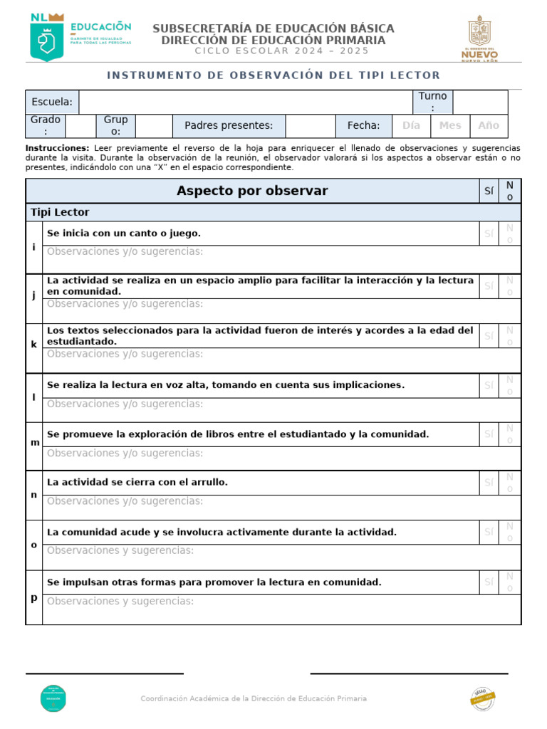 Instrumento de Observación Tipi Lector | PDF | Educación primaria | Aprendizaje