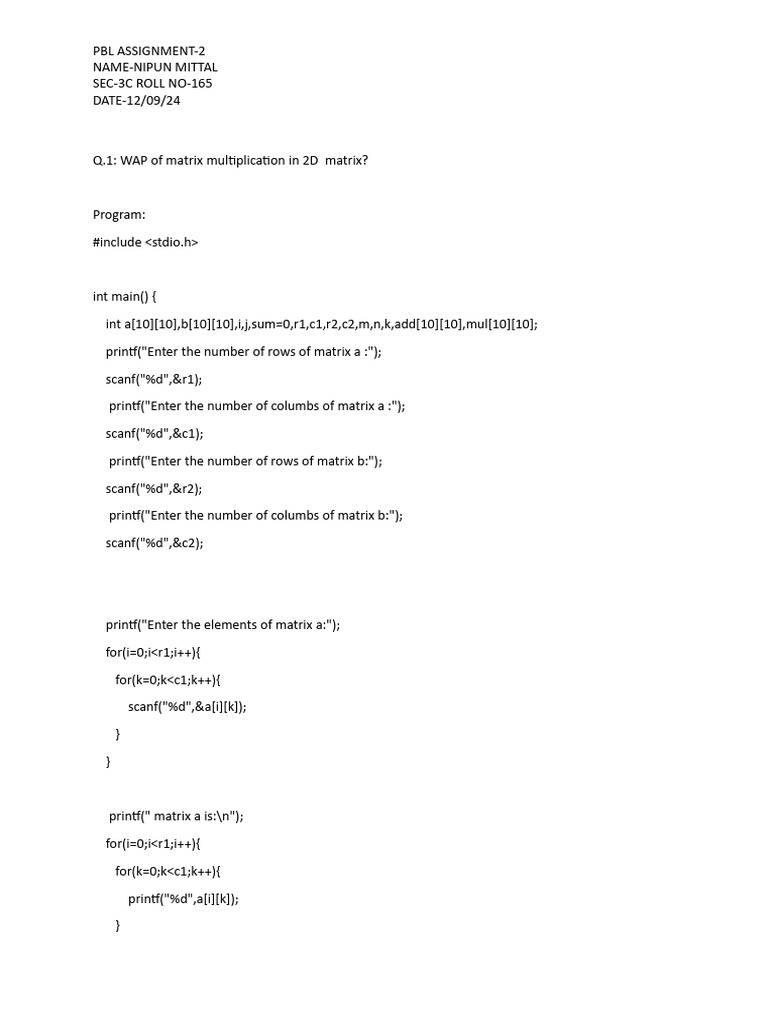 pbl assignment 2 pdf | PDF | Matrix Theory | Linear Algebra