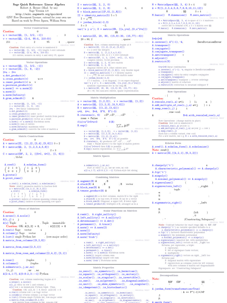 sagemath-quickref-linalg-ja | PDF | Eigenvalues And Eigenvectors | Matrix (Mathematics)