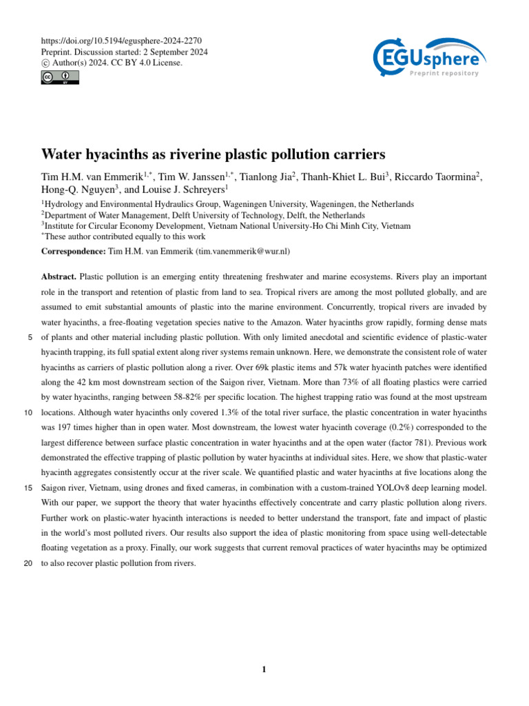 Water Hyacinths As Riverine Plastic Pollution Carr | PDF | Water | Deep ...