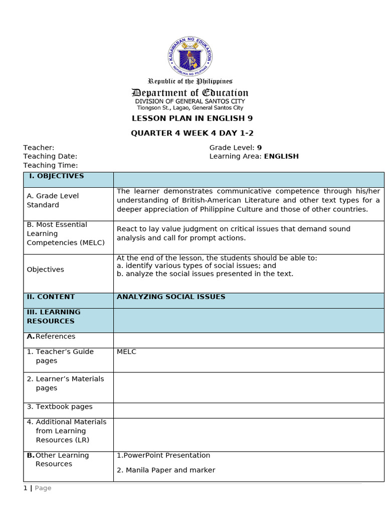 ENG9-Q4-WEEK4-DAY 1-2 Analyzing Social Issues | PDF | Learning | Social Inequality