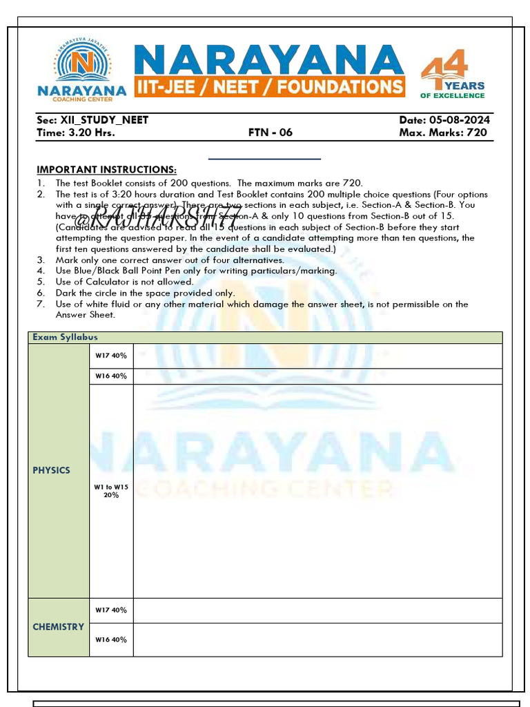FTN - 6 Question Paper @AakashNeetards | PDF | Inductance | Inductor