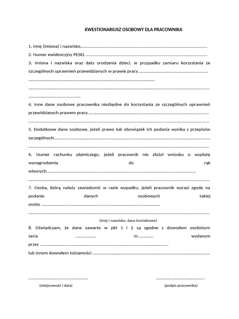 Kwestionariusz Pracownika | PDF