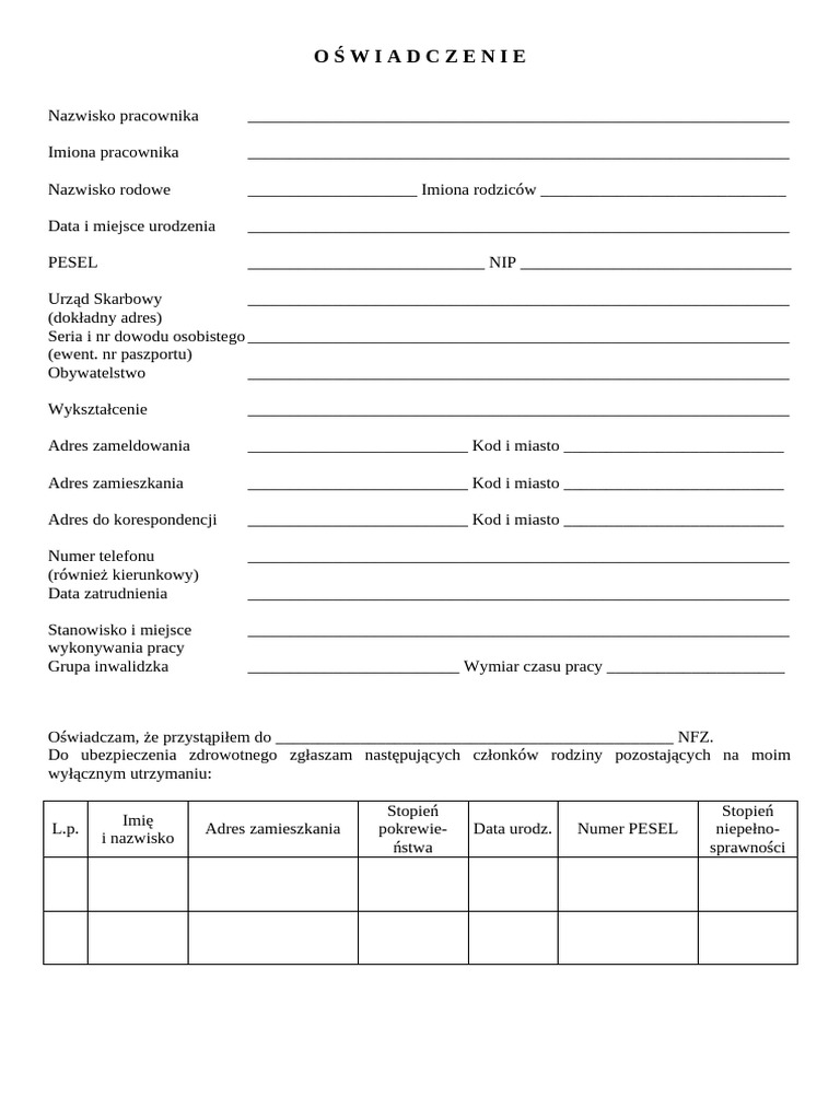 Oświadczenie ZUS | PDF