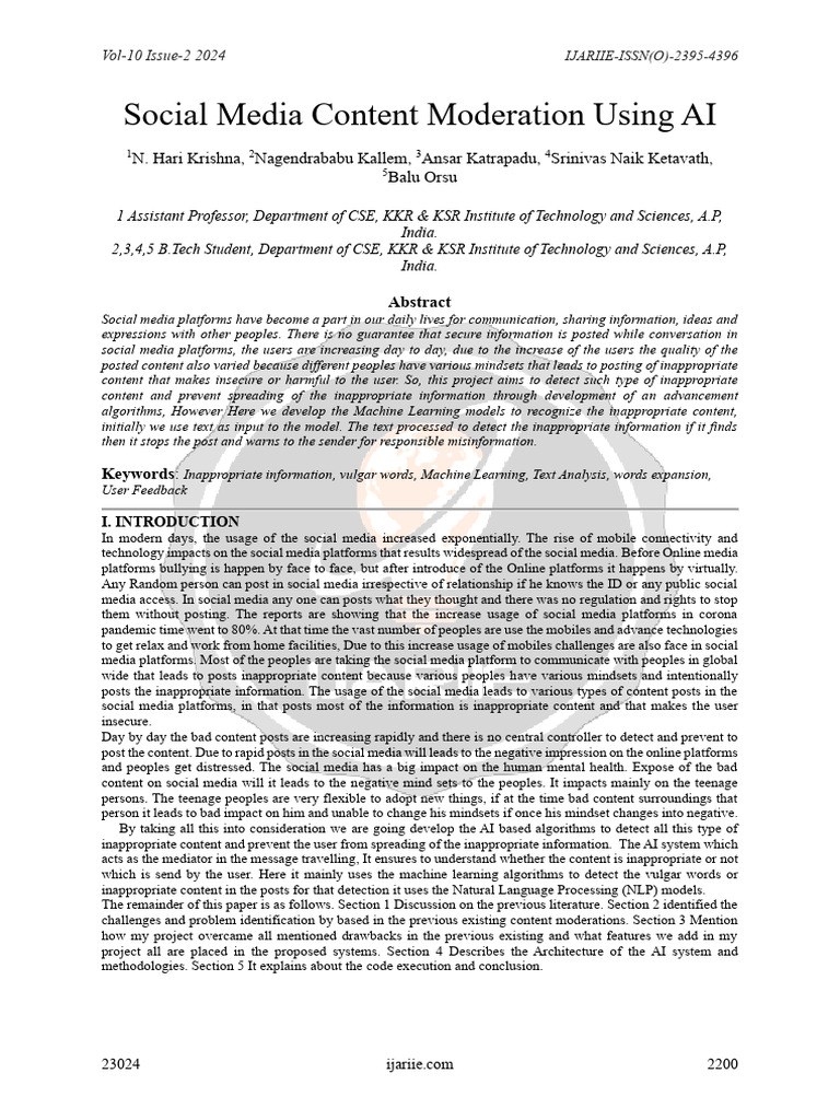 Social Media Content Moderation Using AI Ijariie23024 | PDF | Deep ...